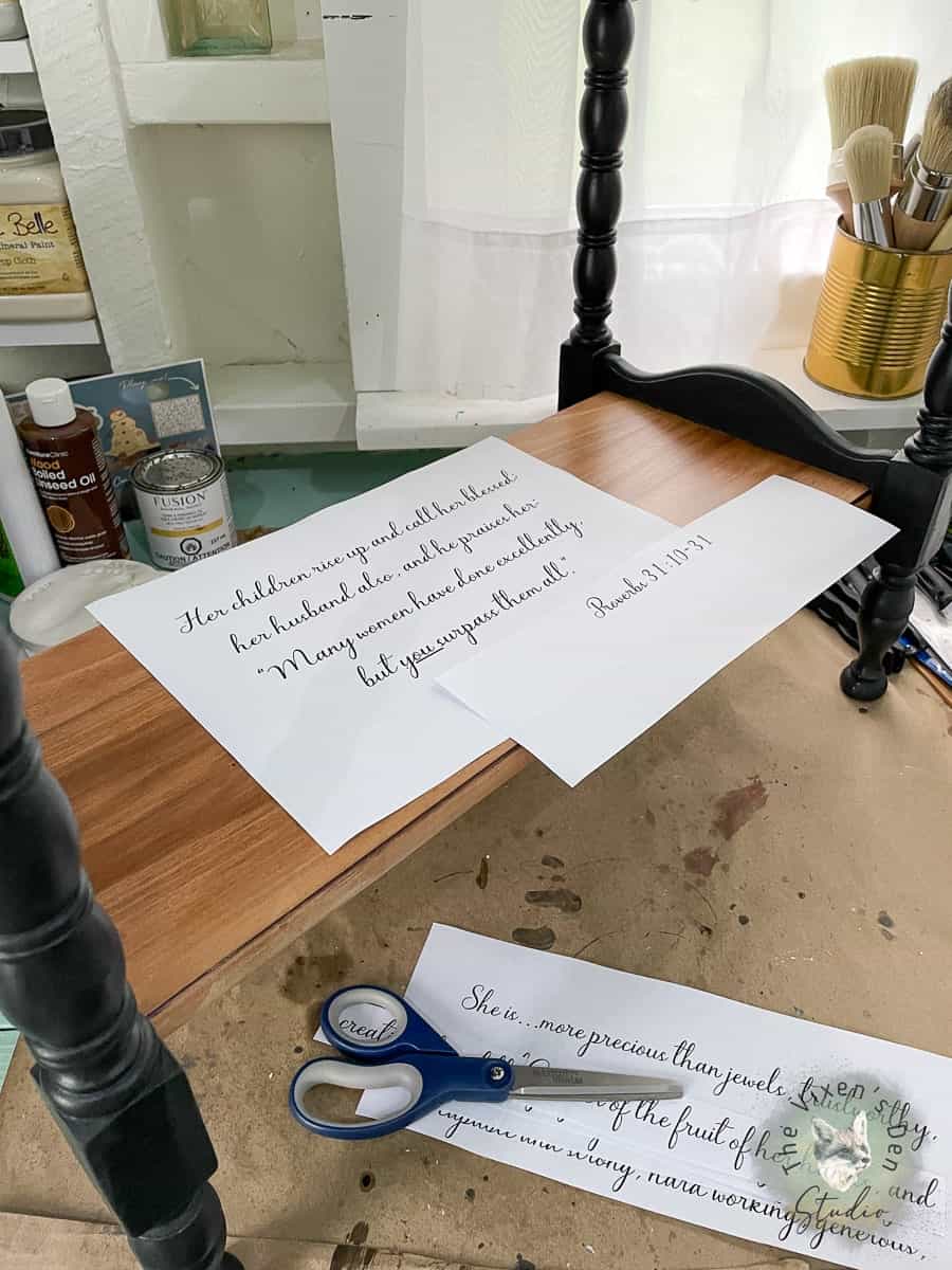 Chalk Painted Wood End Table with Rice Decoupage Paper and Scripture ...
